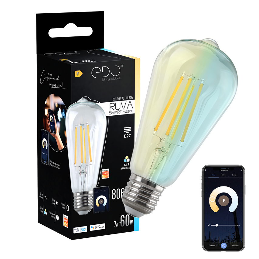 RUVA Smart EDISON LED žárovka, stmívatelná, E27 7W 2700-6500K 806lm ...